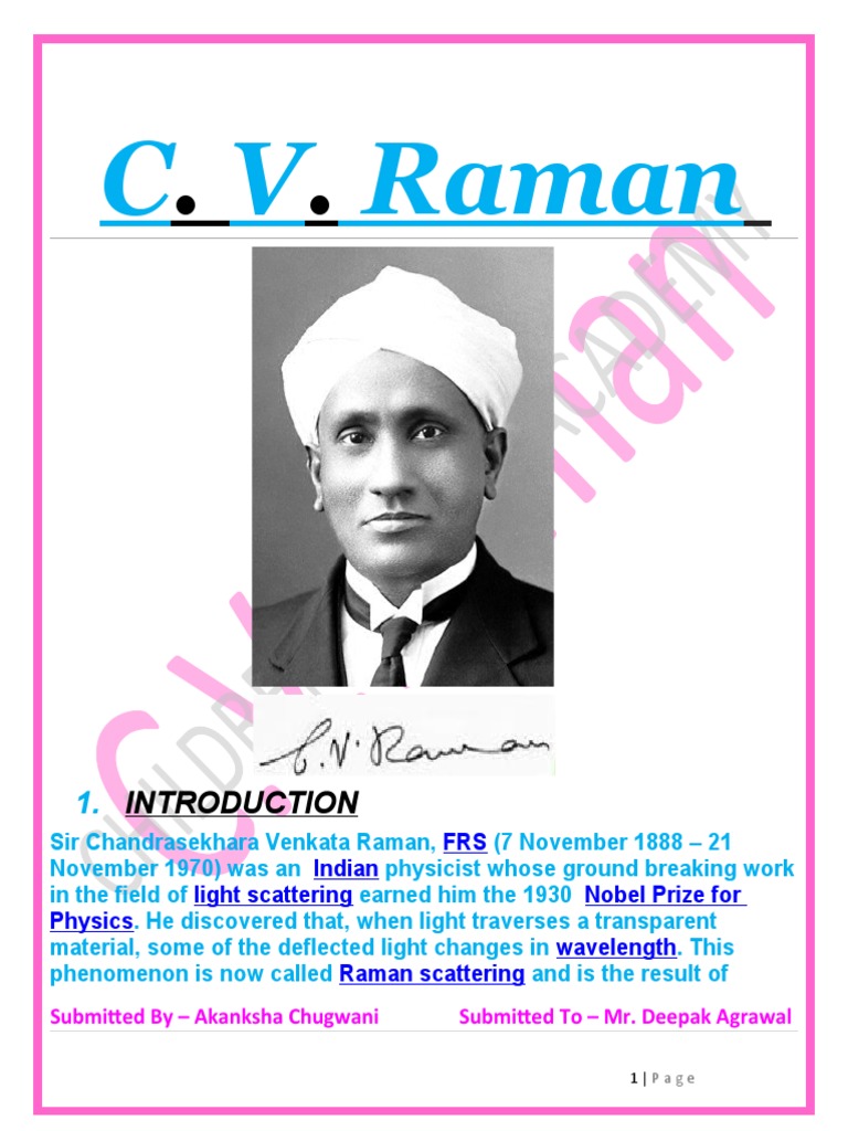 C V Raman: FRS Indian Light Scattering Nobel Prize For Physics Wavelength Raman Scattering | PDF ...
