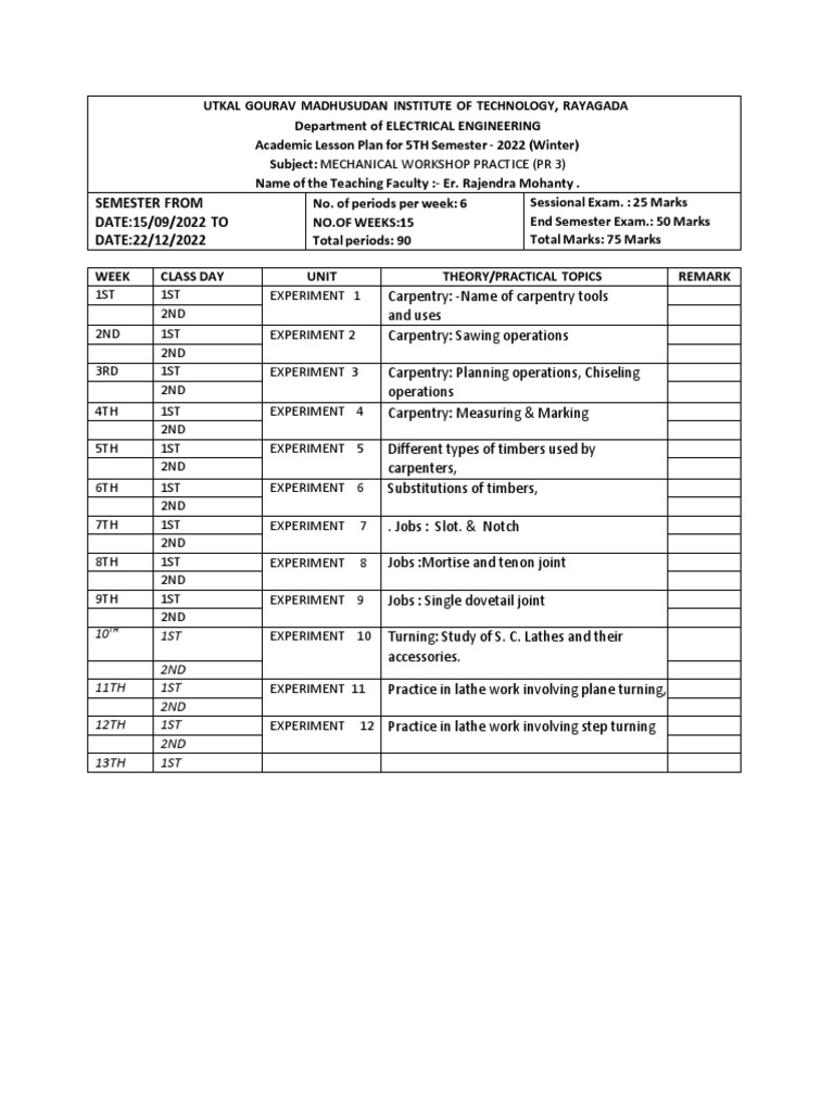 Mechanical Workshop Practice Lesson Plan Ugmit | PDF