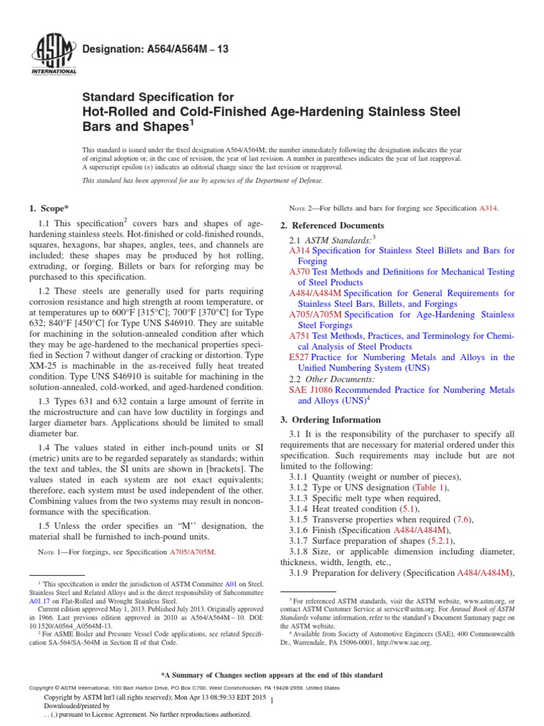 ASTM A564/A564M Standard Specification | PDF | Heat Treating ...