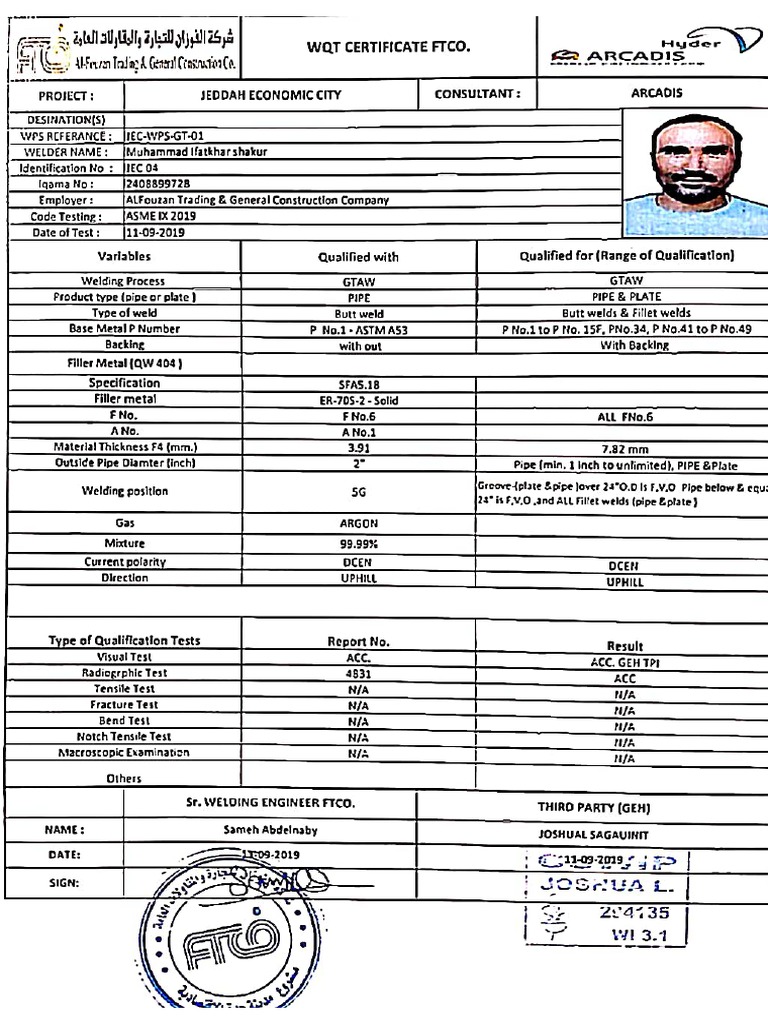 MD Ifatekhar (Welder Certificate) | PDF