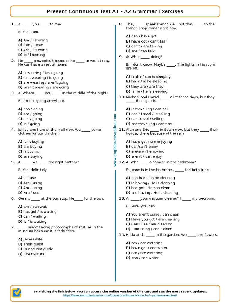 449 - Present Continuous Test A1 A2 Grammar Exercises | PDF