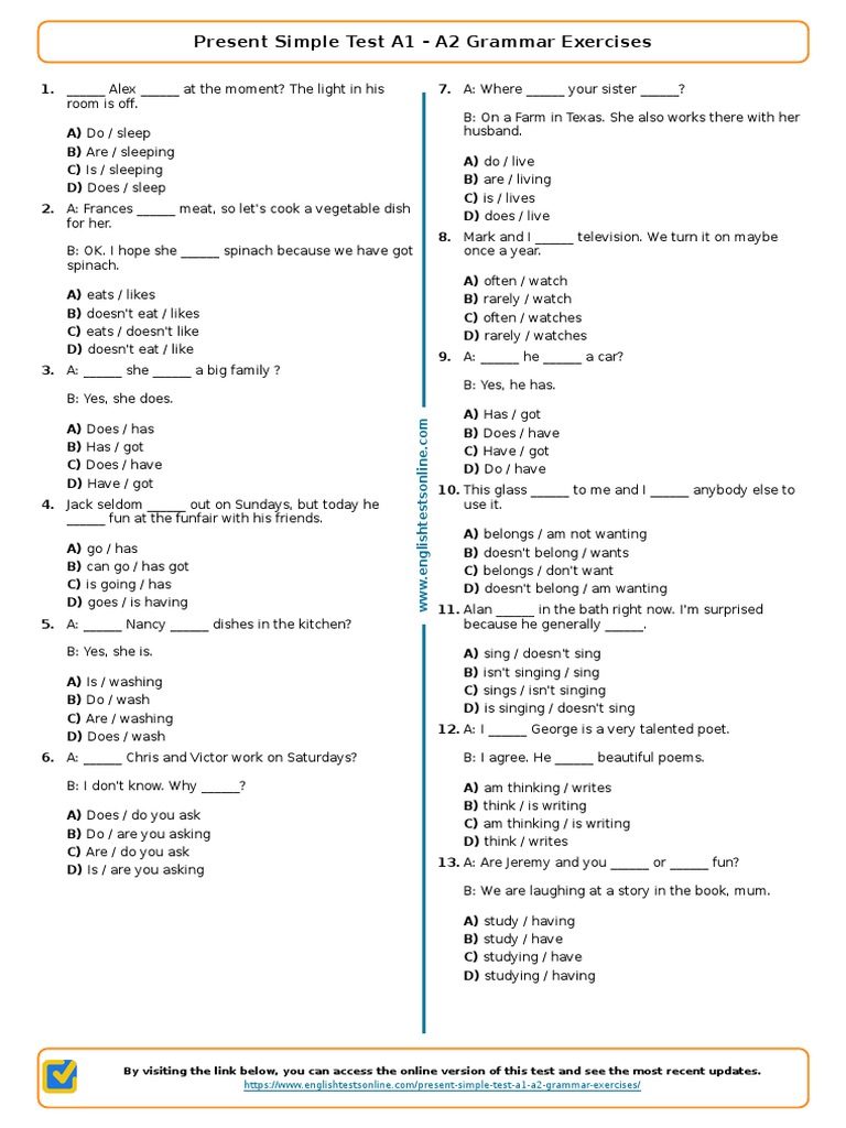 452 - Present Simple Test A1 A2 Grammar Exercises | PDF