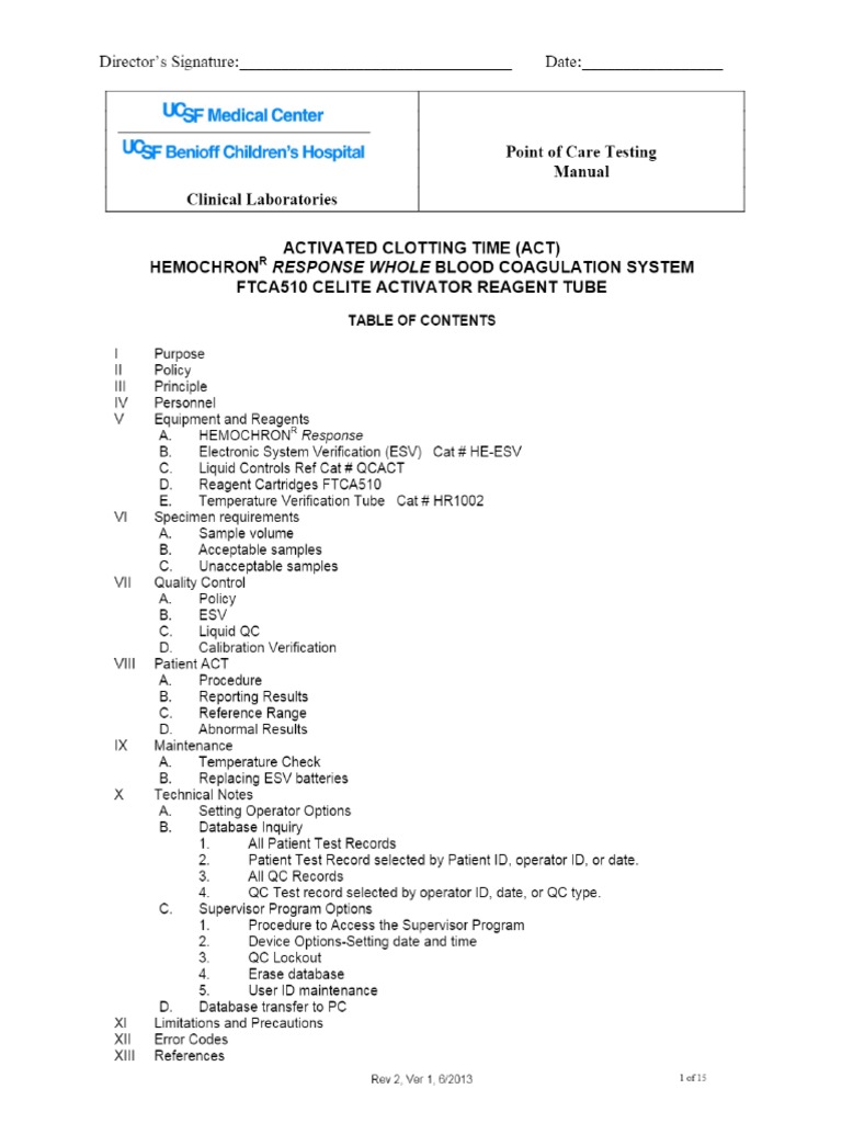 Director S Signature - Activated Clotting Time (Act) Hemochron R ...