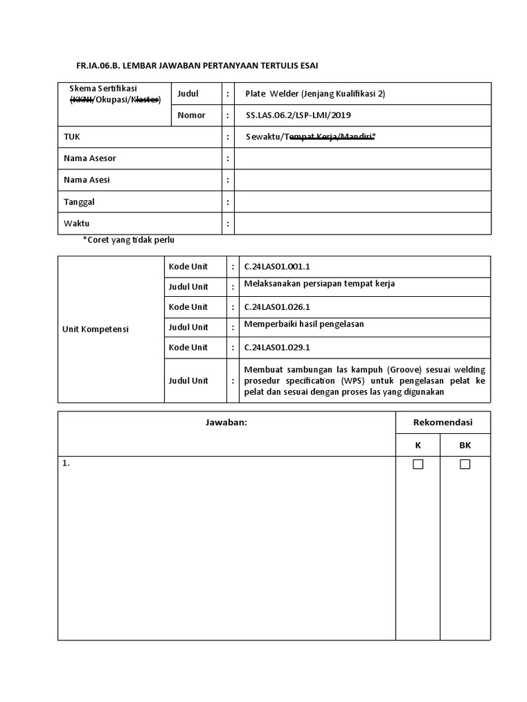 12b. FR - IA.06.B. Lembar Jawaban Pertanyaan Tertulis Esai | PDF ...