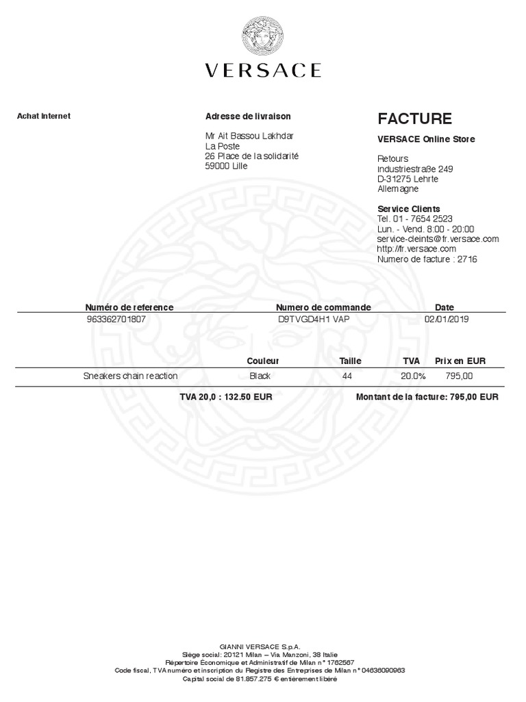Facture Versace | PDF | Comptabilité | Documents commerciaux
