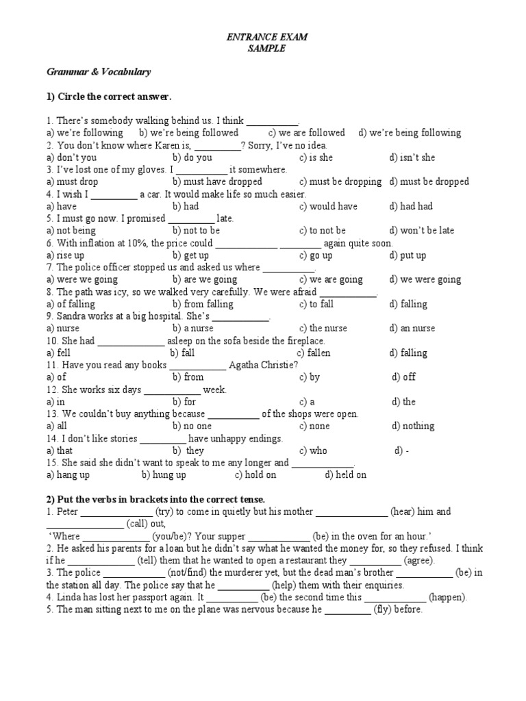 Grade 12 Entrance Exam Sample Questions | PDF