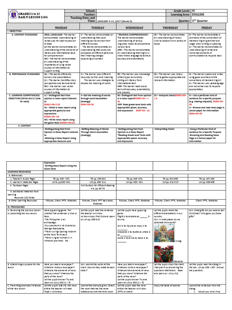 Grade 4 DLL ENGLISH 4 Q3 Week 9 | PDF | Learning | Reading Comprehension