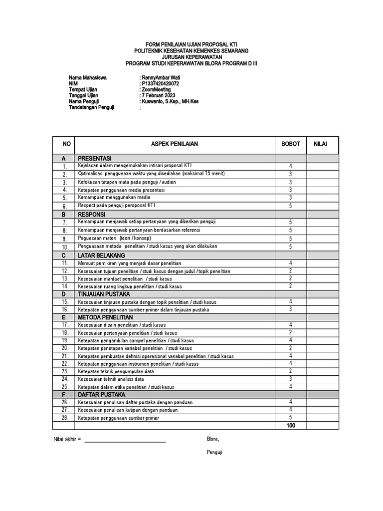 FORM PENILAIAN UJIAN PROPOSAL KTI Pak Sis | PDF