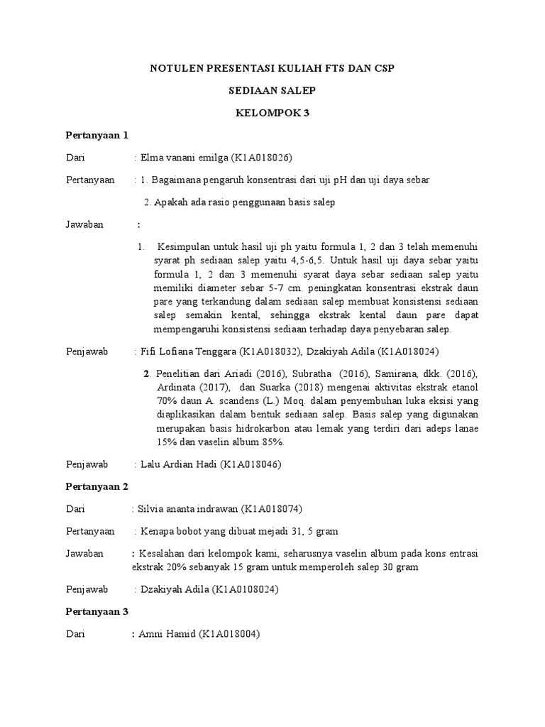 Notulen Presentasi Kuliah FTS Dan CSP - Kelompok 3 | PDF