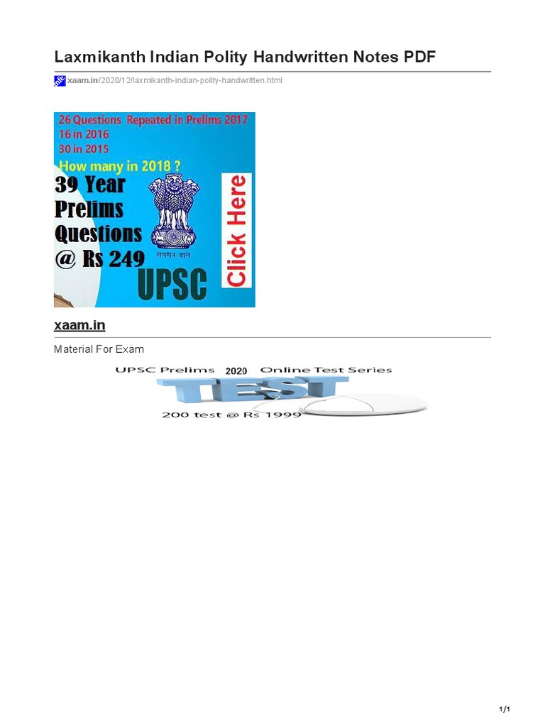 Xaam - In-Laxmikanth Indian Polity Handwritten Notes PDF | PDF