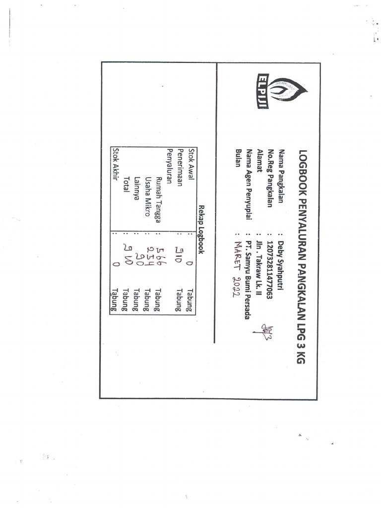 Logbook Penyaluran Pangkalan LPG 3Kg Maret 2022 | PDF