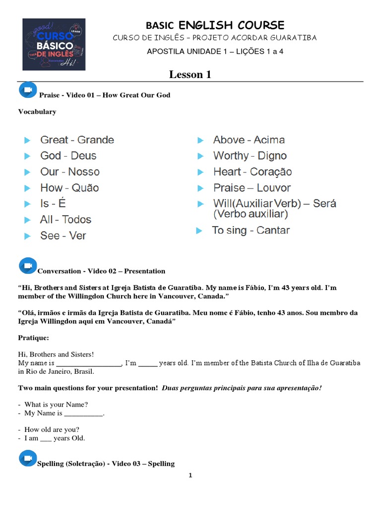 Acordar Guaratiba - Basic English Course - Apostila - Unit1 | PDF | Pronome | Linguística