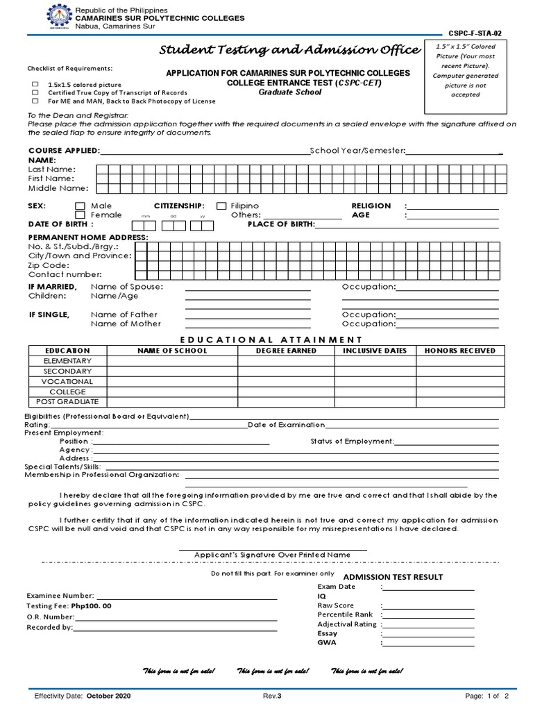 CSPC Application For CSPC CET Graduate School 1 | Download Free PDF ...