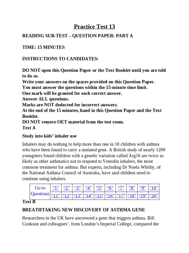 OET 2 Reading Test 13 Part A | PDF | Asthma | Single Nucleotide ...