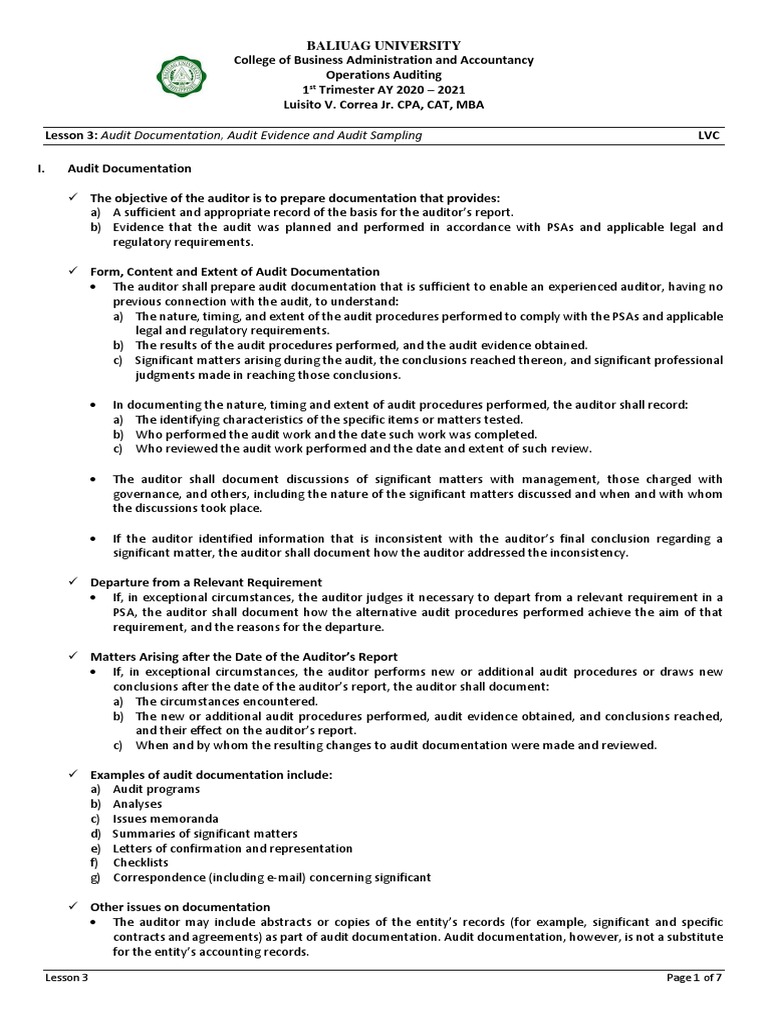 Lesson3-Audit Documentation, Audit Evidence & Audit Sampling | PDF ... Lesson3-Audit Documentation, Audit Evidence & Audit Sampling | PDF ...