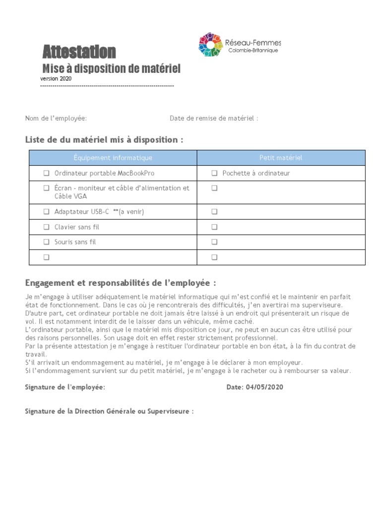 Annexe 1. Attestation de Mise À Disposition de Matériel 1 | PDF ...