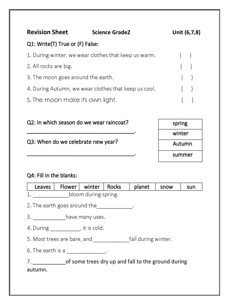 Seasonal Changes and the Night Sky: A Revision Sheet on Science Topics ...