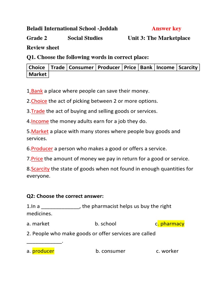 Key to Review Sheet Answering Questions About Markets, Producers ...