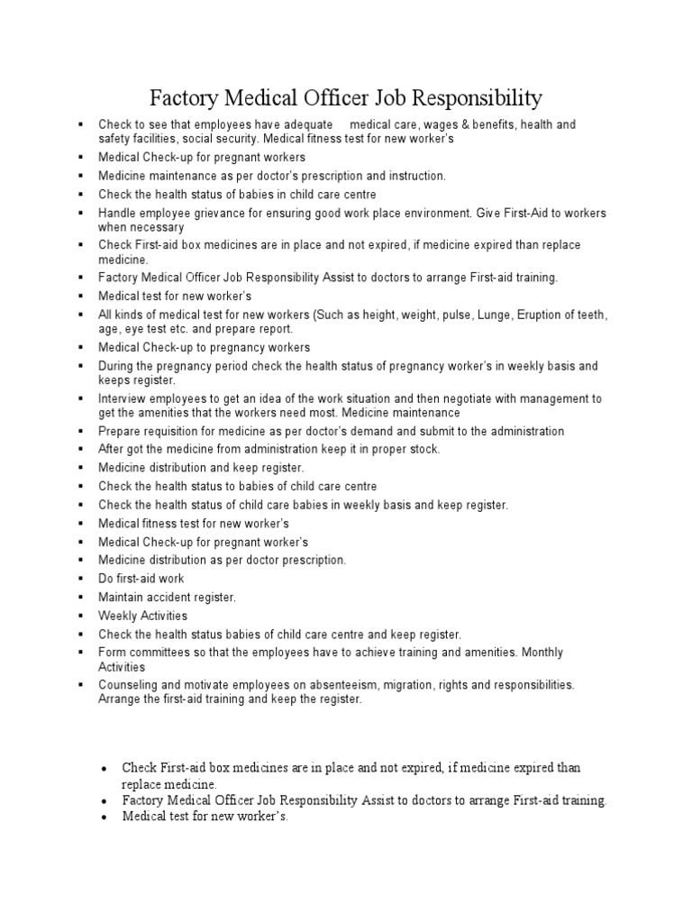Factory Medical Officer Responsibilities | PDF | Medicine | Employment