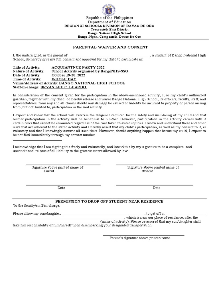 Parents Consent and Waiver | PDF | Consent | Applied Ethics