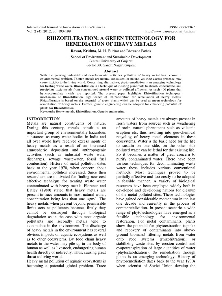 Rhizofiltration: A Green Technology for Remediation of Heavy Metals | PDF | Glutathione | Nature