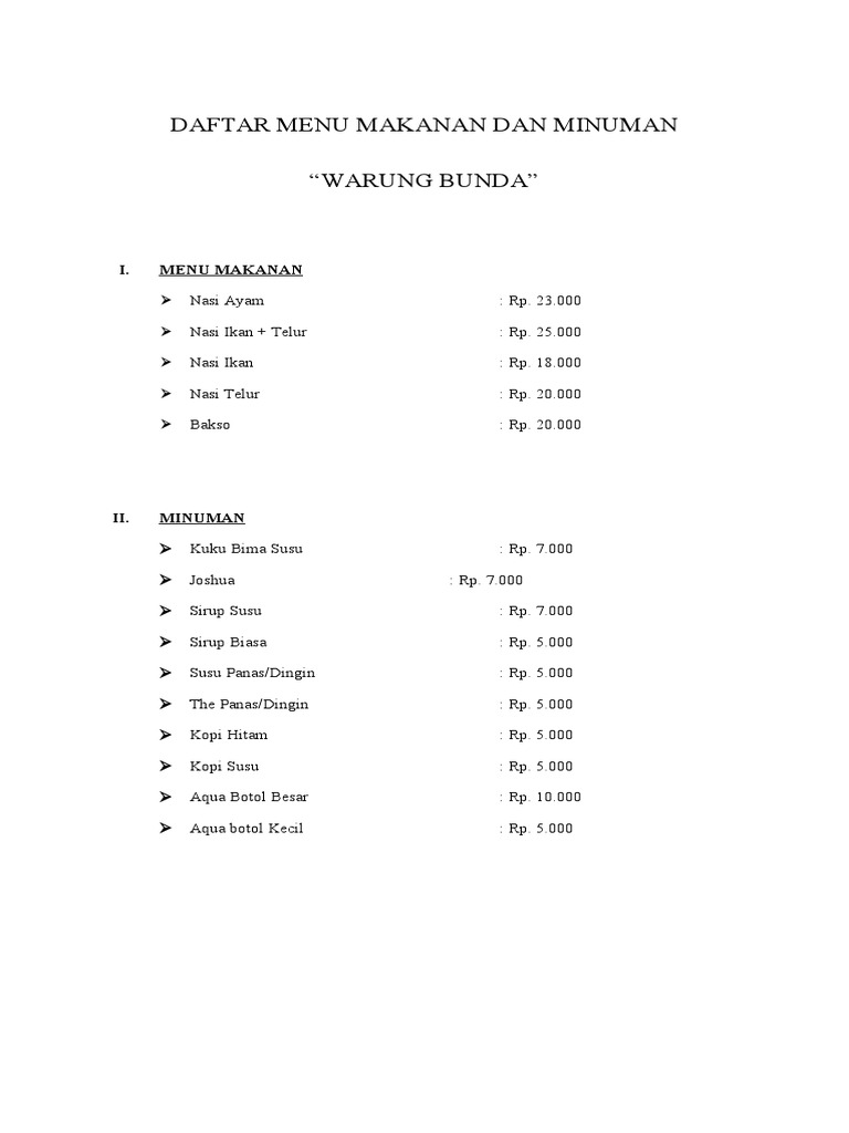 Daftar Menu Makanan Dan Minuman Warung Bunda | PDF