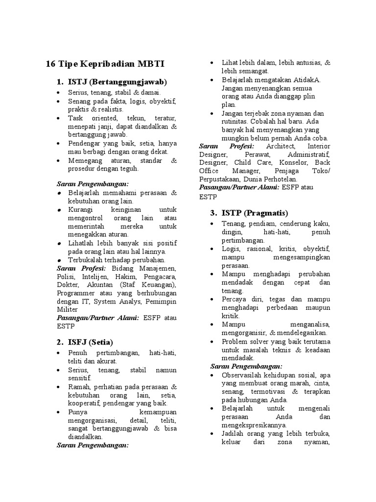 16 Tipe Kepribadian MBTI | PDF
