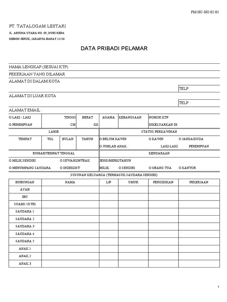 Formulir Data Diri Pelamar Kerja | PDF | Seni & Disiplin Bahasa