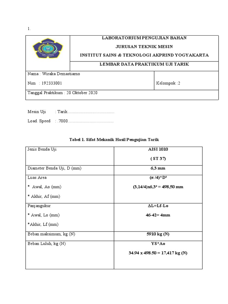 Lembar Data Uji Tarik Material | PDF | Sains & Matematika | Teknologi & Rekayasa