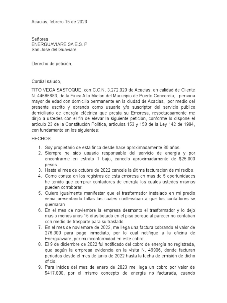 Derecho de Peticion Energuaviare | PDF