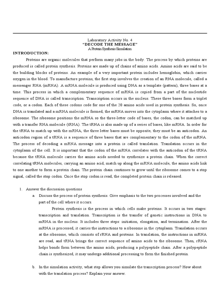Protein Synthesis Simulation Activity | PDF | Translation (Biology ...
