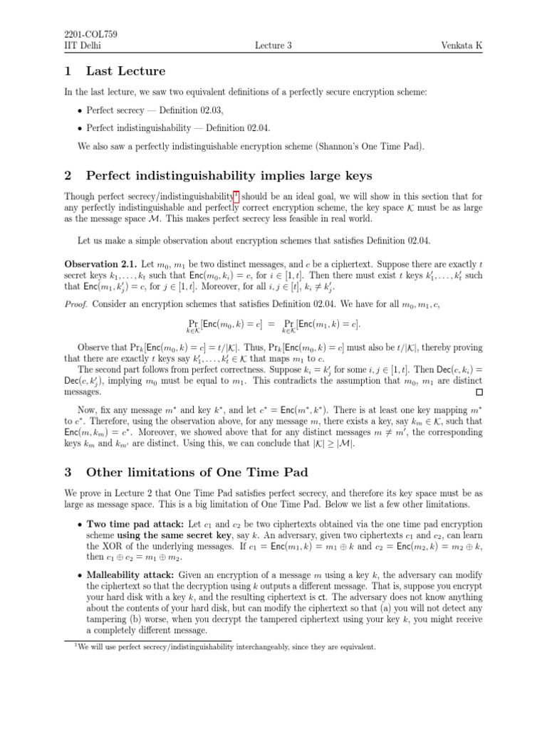 Cryptography Lecture: Perfect Secrecy | PDF | Theoretical Computer ...