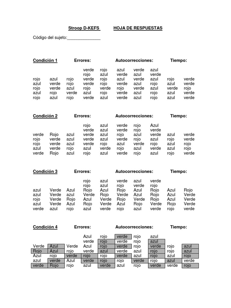 Stroop D-KEFS Hoja Respuestas | PDF