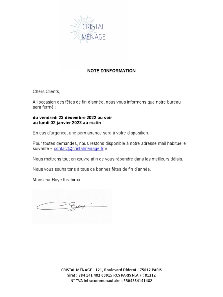 Note D'information Fermeture Noel | PDF