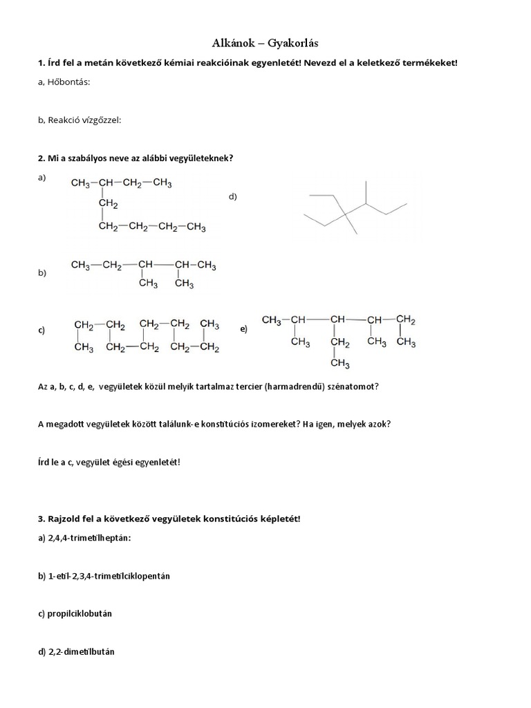 Alkánok Gyakorlás | PDF