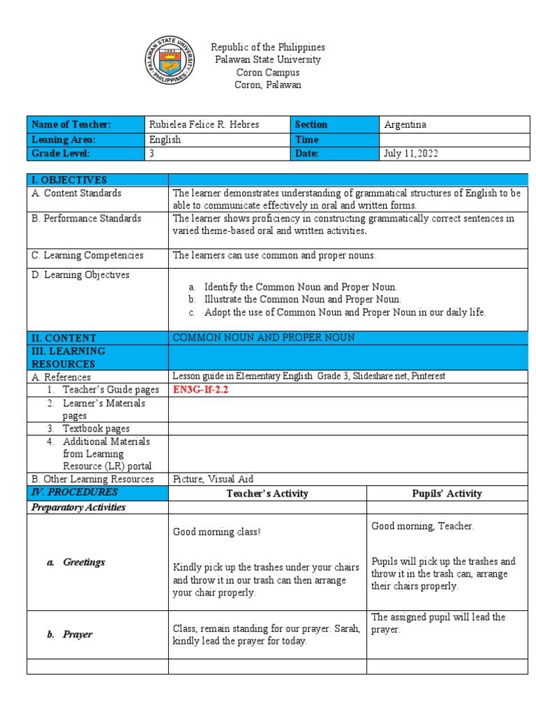 Detailed Lesson Plan English 3 Final Pdf Noun Teachers