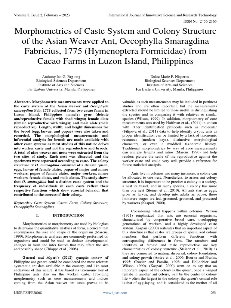 Morphometrics of Caste System and Colony Structure of The Asian Weaver Ant, Oecophylla ...