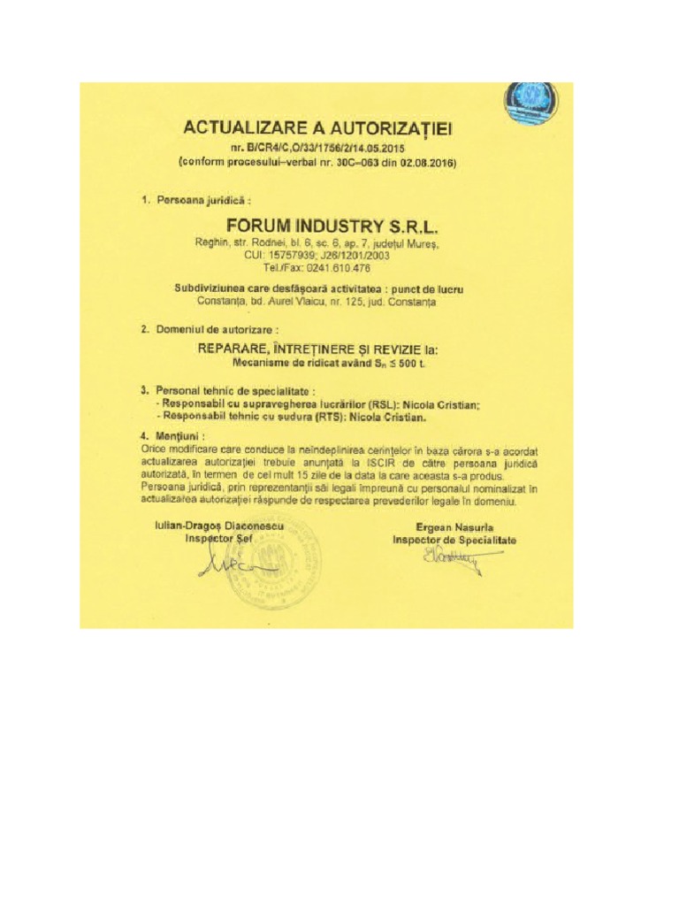 Model Autorizare Reparatii Iscir | PDF