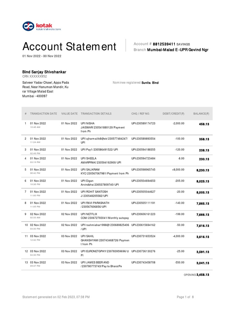 Account Statement for Bind Sanjay Shivshankar with Transaction Details ...