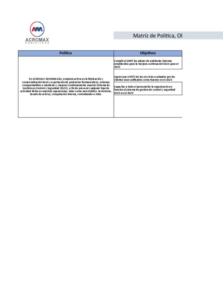 Matriz de Política, Objetivos e Indicadores | PDF | Negocios
