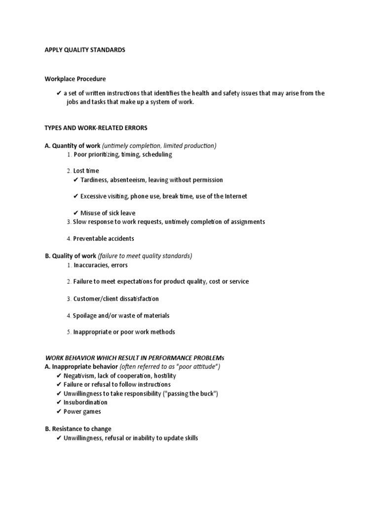Apply Quality Standards Workplace | PDF | Quality Assurance | Standard ...