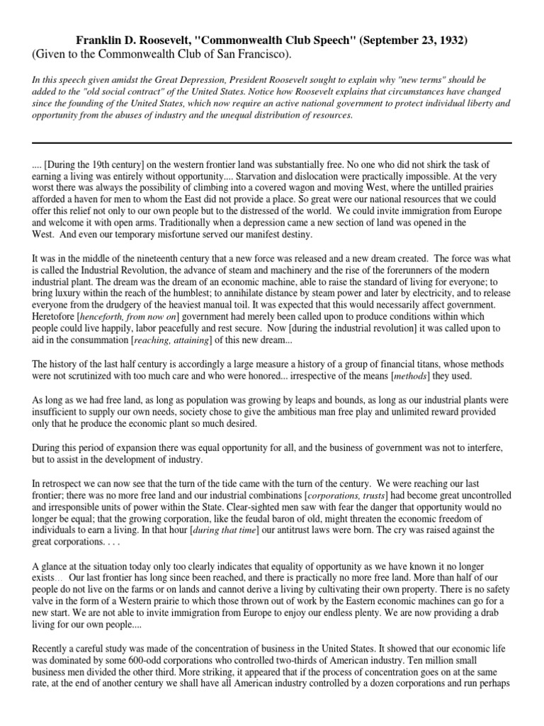 FDR Commonwealth Club Speec 1932 | PDF | Franklin D. Roosevelt