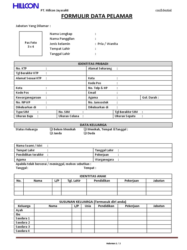 Formulir Data Pelamar Hillcon | PDF