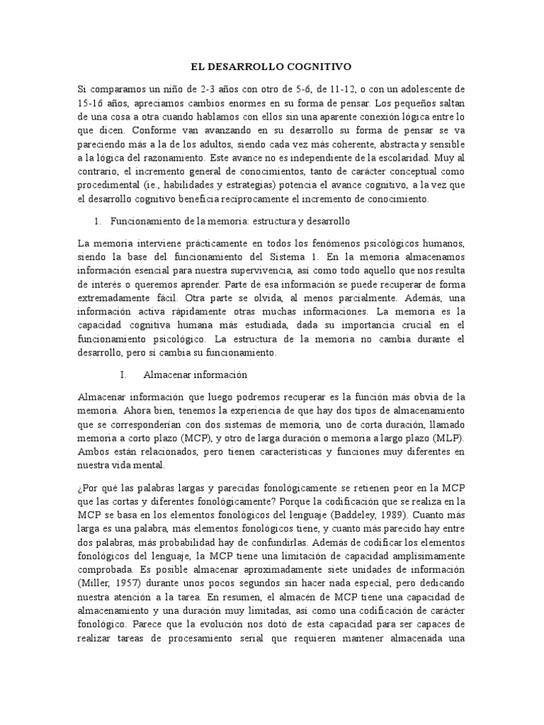 El desarrollo cognitivo y la memoria: cambios en la forma de pensar y en el funcionamiento de la ...