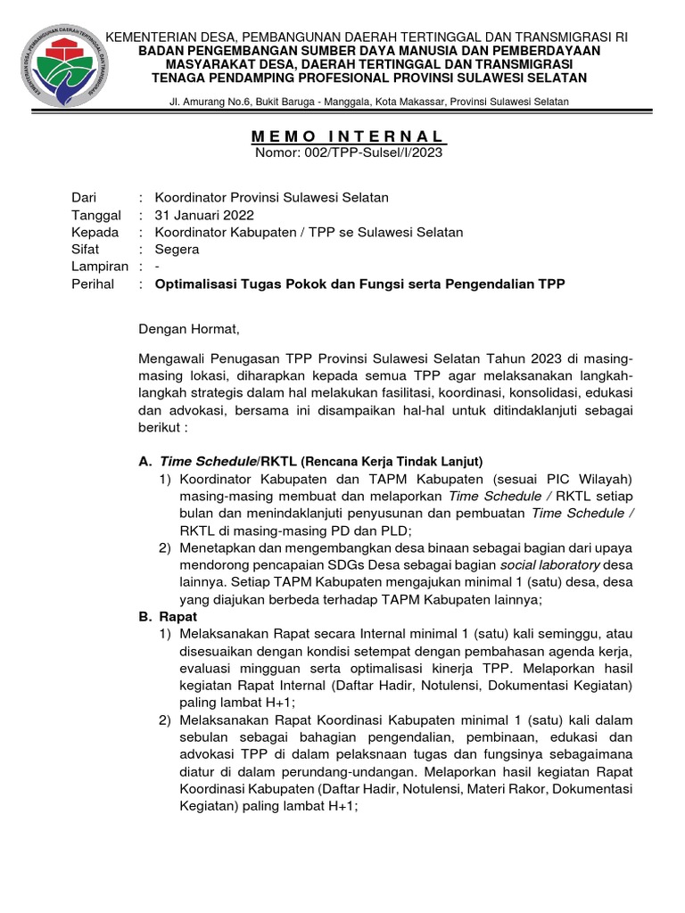 Memo 002 - Optimalisasi TUPOKSI Serta Pengendalian TPP | PDF