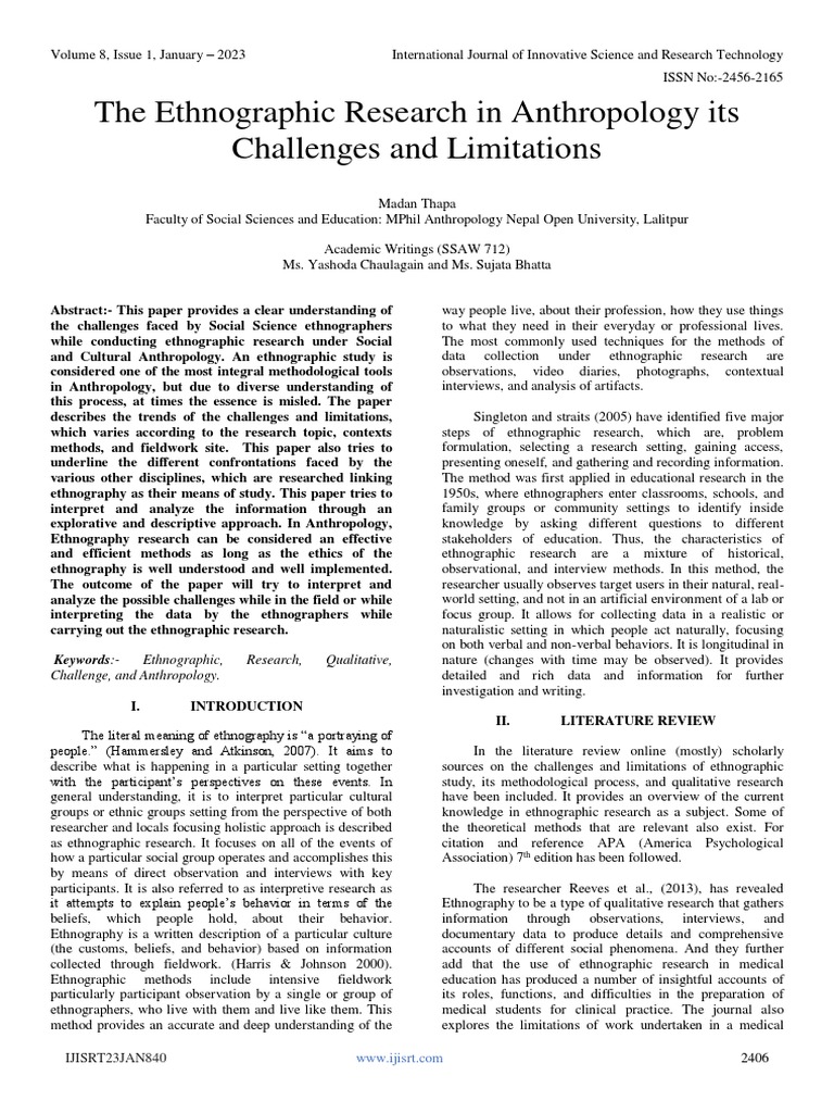 The Ethnographic Research in Anthropology Its Challenges and ...