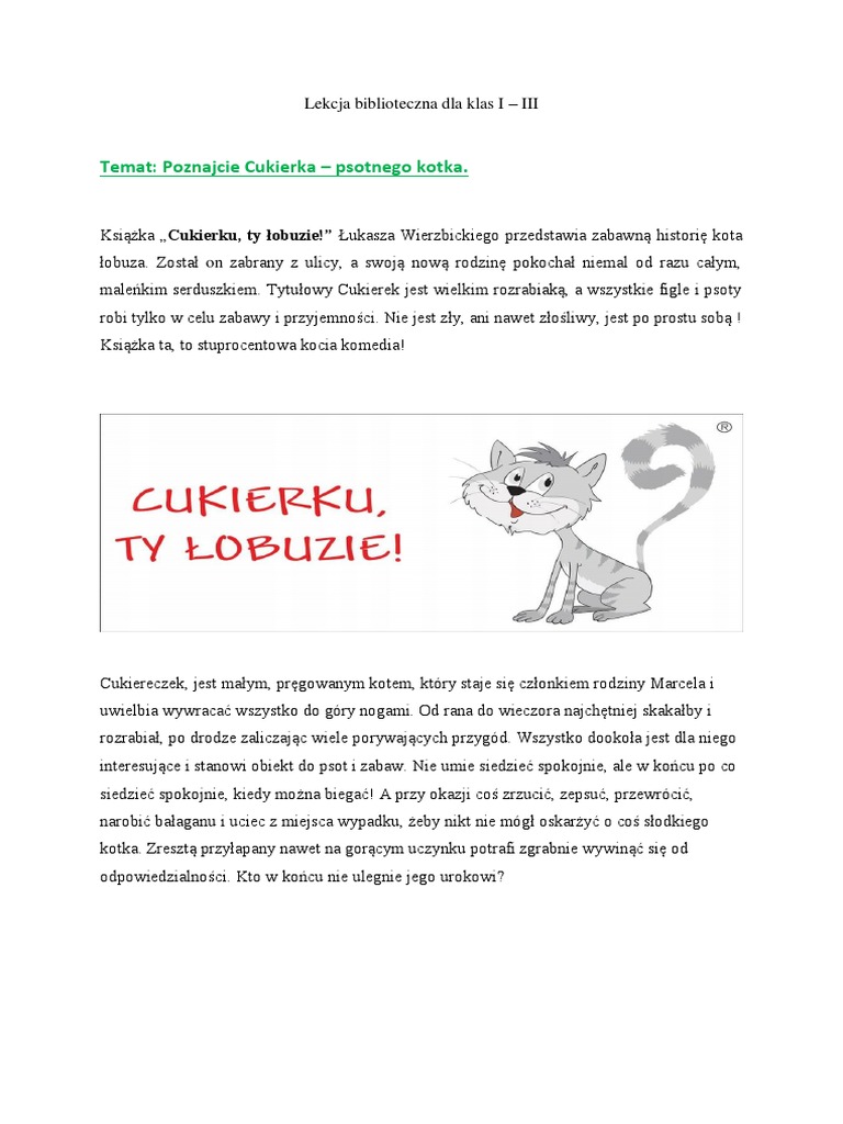 Lekcja Biblioteczna Dla Klas I - III Cukierku, Ty Lobuzie | PDF