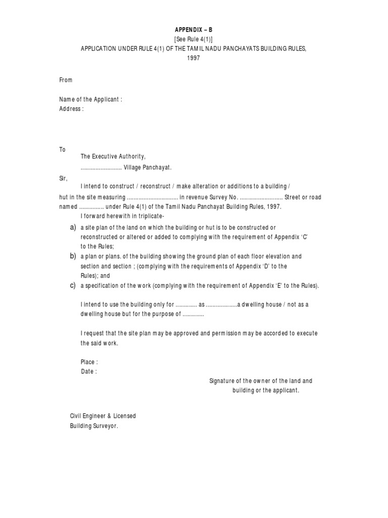 Building Permission Application Form For Village Panchayat 1 | PDF ...