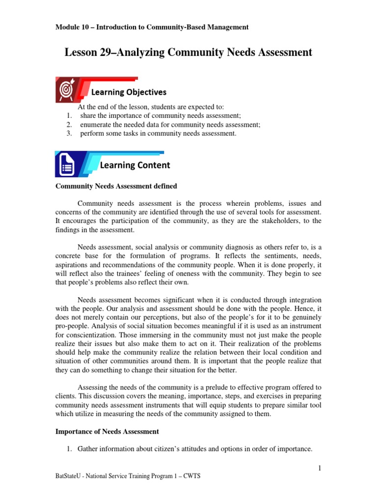 Lesson 29-Analyzing Community Needs Assessment: Learning Objectives ...