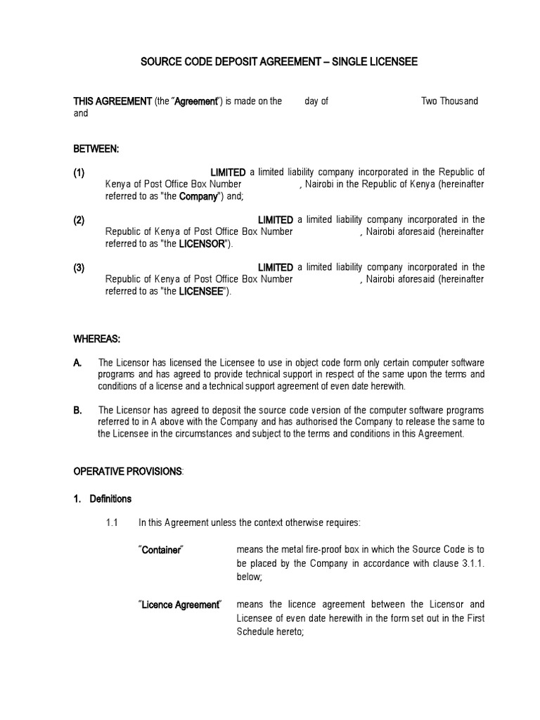 Agmts - Source Code Deposit Agmt, Single Licensee | PDF | License ...